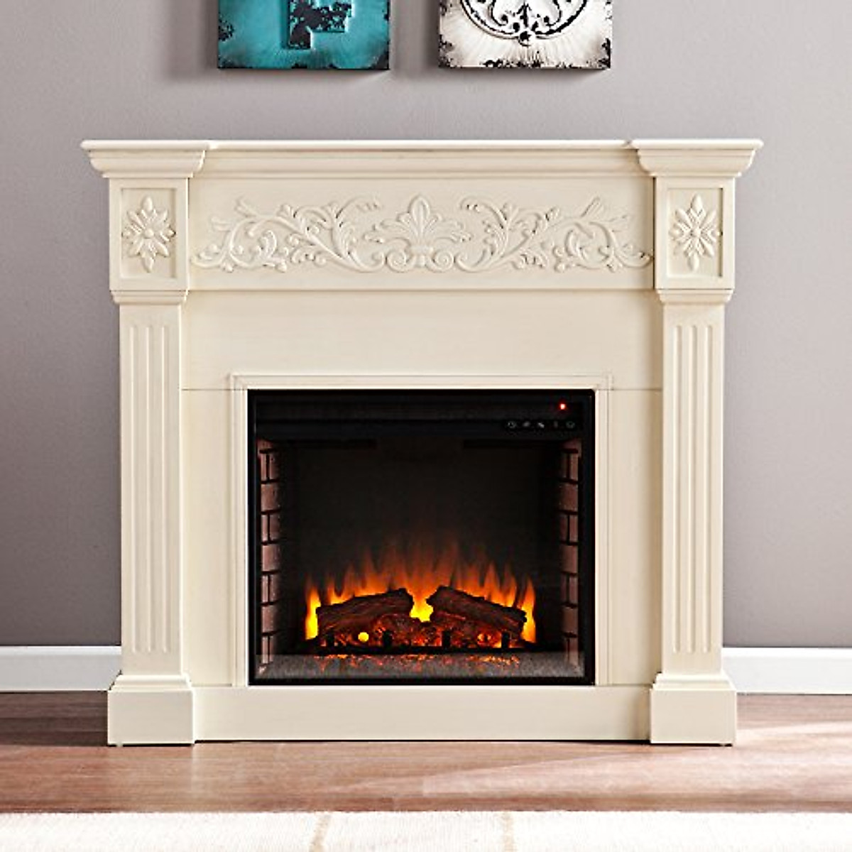 SEI Furniture Calvert Electric Carved Floral Trim Fireplace, Ivory (FA9279E)