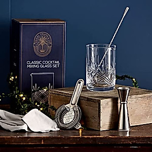 Cocktail Mixing Glass Set, Old Fashioned Kit : Stainless Steel Bar Spoon & Hawthorne Strainer & Japanese Jigger & Glass Polishing Cloth, Crystal Mixer Glass Yarai, Valentine's & Fathers Day Gifts