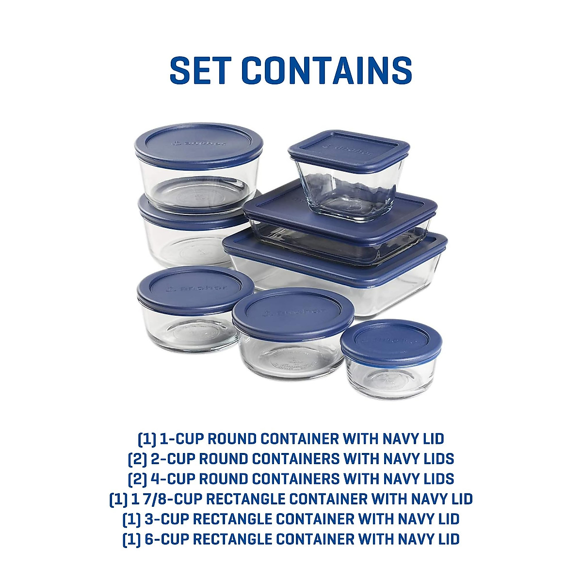 Anchor Hocking 16 Piece Round and Rectangle Glass Food Storage Containers, Space Saving Meal Prep, Navy BPA-Free SnugFit Lids