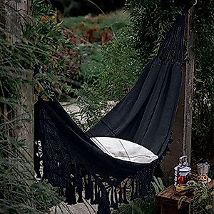 Xuanmuque Double Sized Boho Macrame Black Hammock with Elegant Tassels and Fishtail Knitting 485Lbs Includes Tie Ropes and Black Drawstring Bag for Women