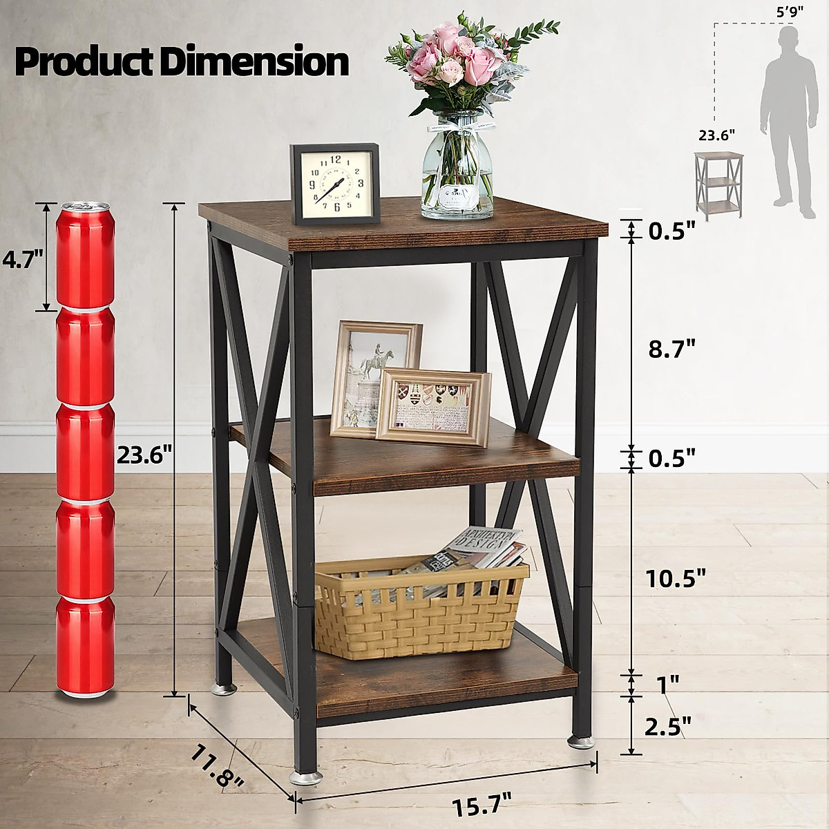 End Tables with Storage Shelf, 12" D x 16" W x 24" H, 3-Tier Side Table, End Tables Living Room Farmhouse, X-Shaped Night Stands for Bedrooms Bedside Tables