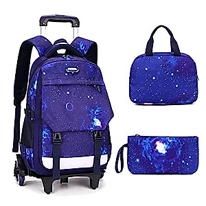 Starry Sky Boys 3 Piece Rolling Backpack Teen Galaxy 3 in 1 Bookbag Elementary School with Wheeled Daypack Trolley Six Wheels