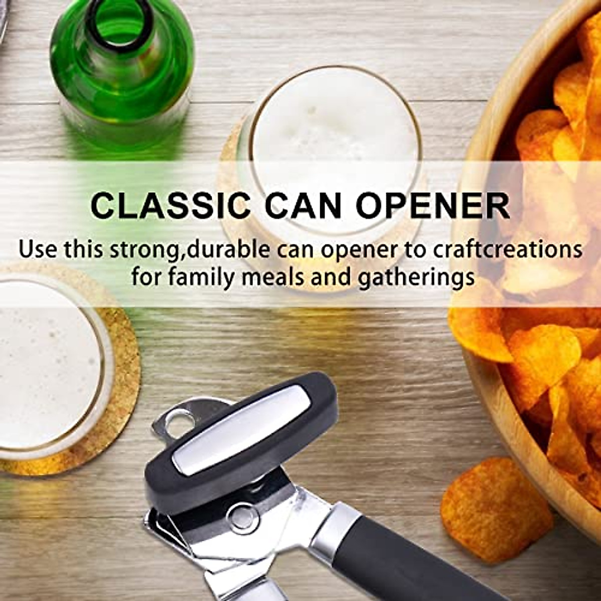 Geolinca Manual Handheld Strong Can Opener, Sharp Cutting Wheel for Smooth Edge Cut, Comfortable Soft Handle, Easy to Use Turn Knob, Includes Built in Bottle Opener, Black