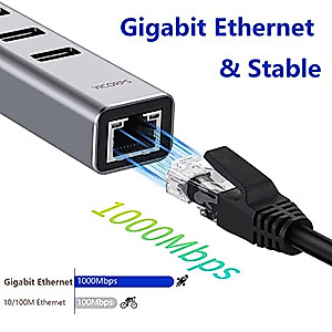 USB C to Ethernet Adapter YICORPS 3 Port USB 3.0 Expander Hub to RJ45 LAN with Gigabit Ethernet LAN Adapter for MacBook/Windows 10/8.1/Surface Pro/Chromebook/Linux and More Laptop