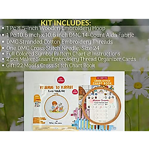 Maker Susan Reading to Rabbit Pattern Counted Cross Stitch Kits for Adults and Beginners with Wooden Hoop, DMC Fabric, Threads and Needles, Embroidery Thread Floss Organizer Cards (E2001)