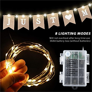 Just Married Burlap Banner, Wedding Bunting Banner with LED Fairy String Light 8 Flicker Mode, Hanging Sign Garland Pennant Photo Booth Props for Bridal Shower Wedding Engagement Car Party Decoration