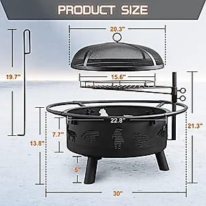 FUNBERRY Fire Pits for Outside,Outdoor Fire Pits with Grill,Wood Burning Fire Pit,30 Inch Firepit with Spark Screen,Log Grate,Poker
