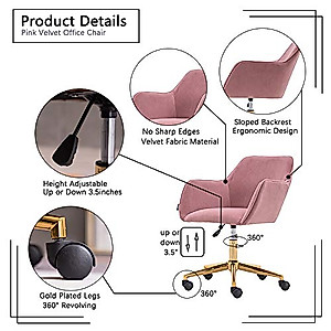 Goujxcy Desk Chair,Modern Velvet Fabric Office Chair,360° Swivel Height Adjustable Comfy Upholstered Leisure Arm Accent Chair (Pink)