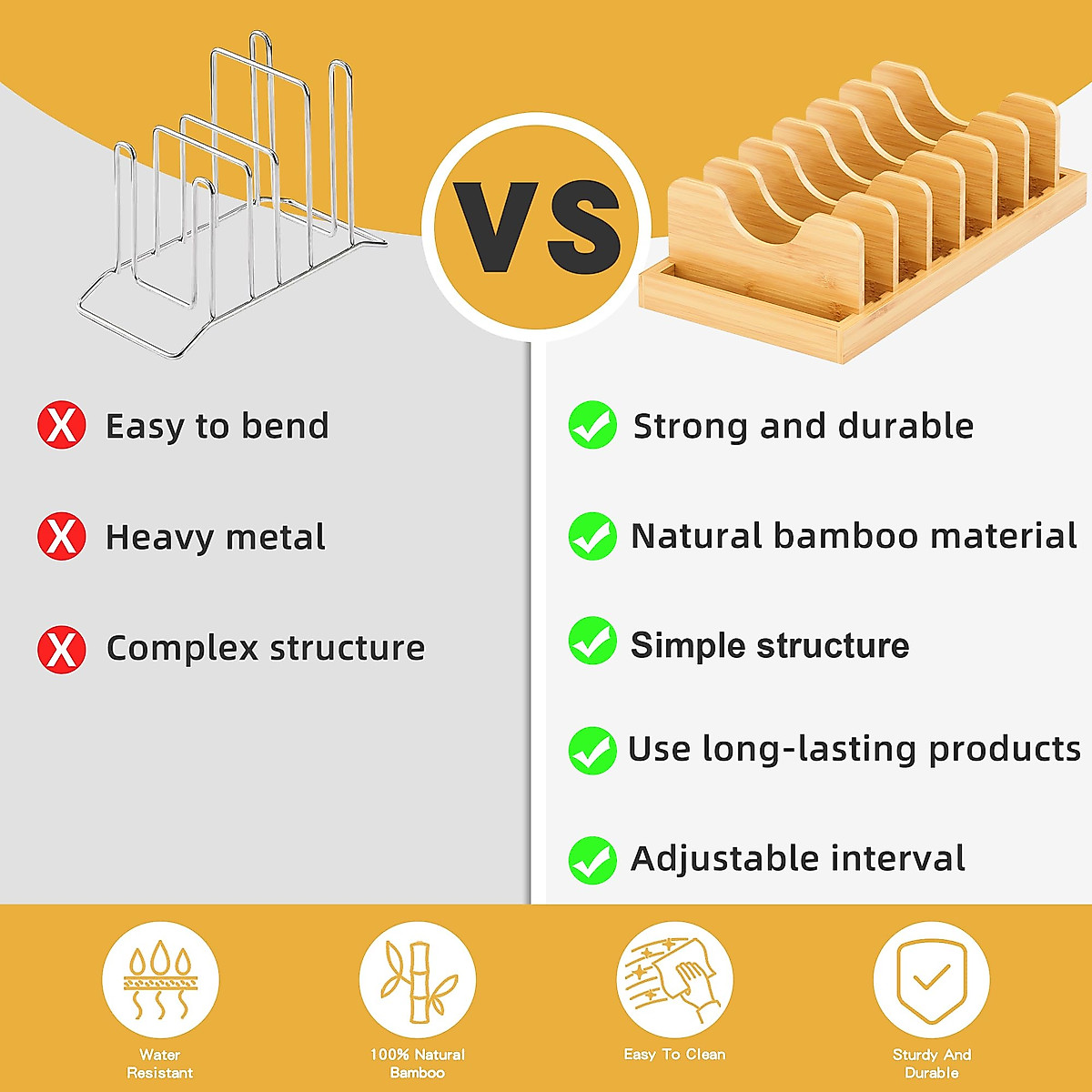 Bamboo Pot Lid Organizer Pot Lid Holder, Pot and Pan Organizer Drawer Organizer for Pot Lids, Pans, Cutting Boards & Baking Sheets, Dinner Plates, Reusable Containers in Cabinet Storage