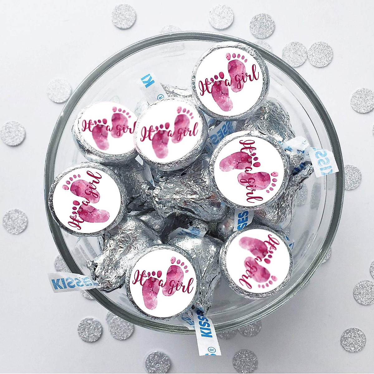 180 Chocolate Drop Labels Stickers- Gender Reveal Footprints Kisses Labels for Baby Shower, It's a Girl Baby Shower Favor Labels.