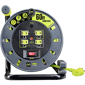 Masterplug 60ft Cord Reel, Extension Lead with Winding Handle, Safety Overload Circuit Breaker and Power Switch, Four Outlets, 14AWG