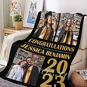 YESCUSTOM Custom Graduate Blanket with Photo Collage Personalized Picture Blanket for Class of 2023 Graduates Customized Throw Blanket Gifts for Graduation Friends Classmates