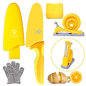 Kibbidea Kids Knife Set, 4-Piece Kids Cooking Sets Real, Stainless Steel Kids Kitchen Chef's Knives with Peeler, Finger Guard, Protective Glove for Cutting Peeling (Blue)