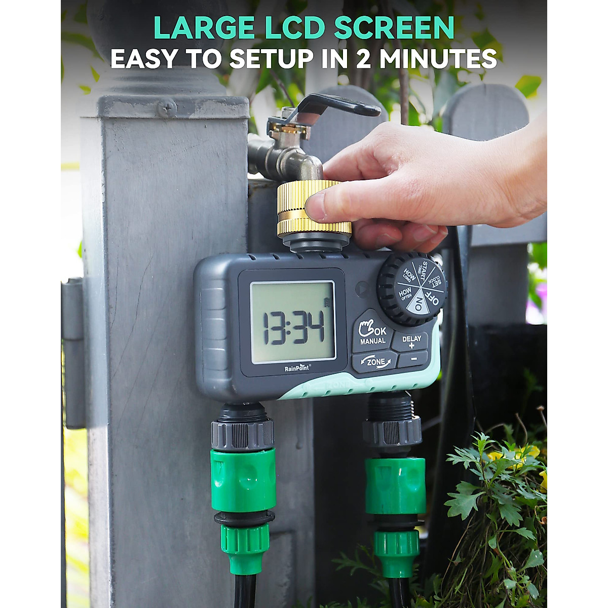 RAINPOINT Water Timer for Garden Hose - Sprinkler Timer with Brass Swivel - Rain Delay/Manual Watering/Automatic Irrigation Controller System Hose Timer Programmable Faucet Timer for Yard, 2 Outlet