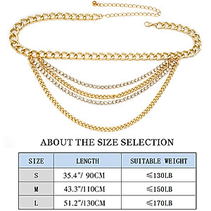 Suyi Multilayer Chain Belt Rhinestone Metal Chain Belts for Women Punk Gold Waist Chain Plus Size 150CM Gold