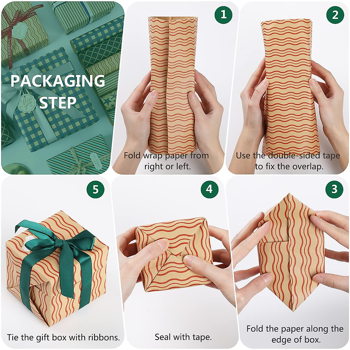 Hianjoo 6 Sheets Gift Wrapping Paper, 20x28 inch Recyclable Kraft Gift Wrapping Paper and 1 Sticker and 4 Ribbon for Birthday, Valentines, Christmas, Graduation, Baby Shower, Easter, DIY Craft