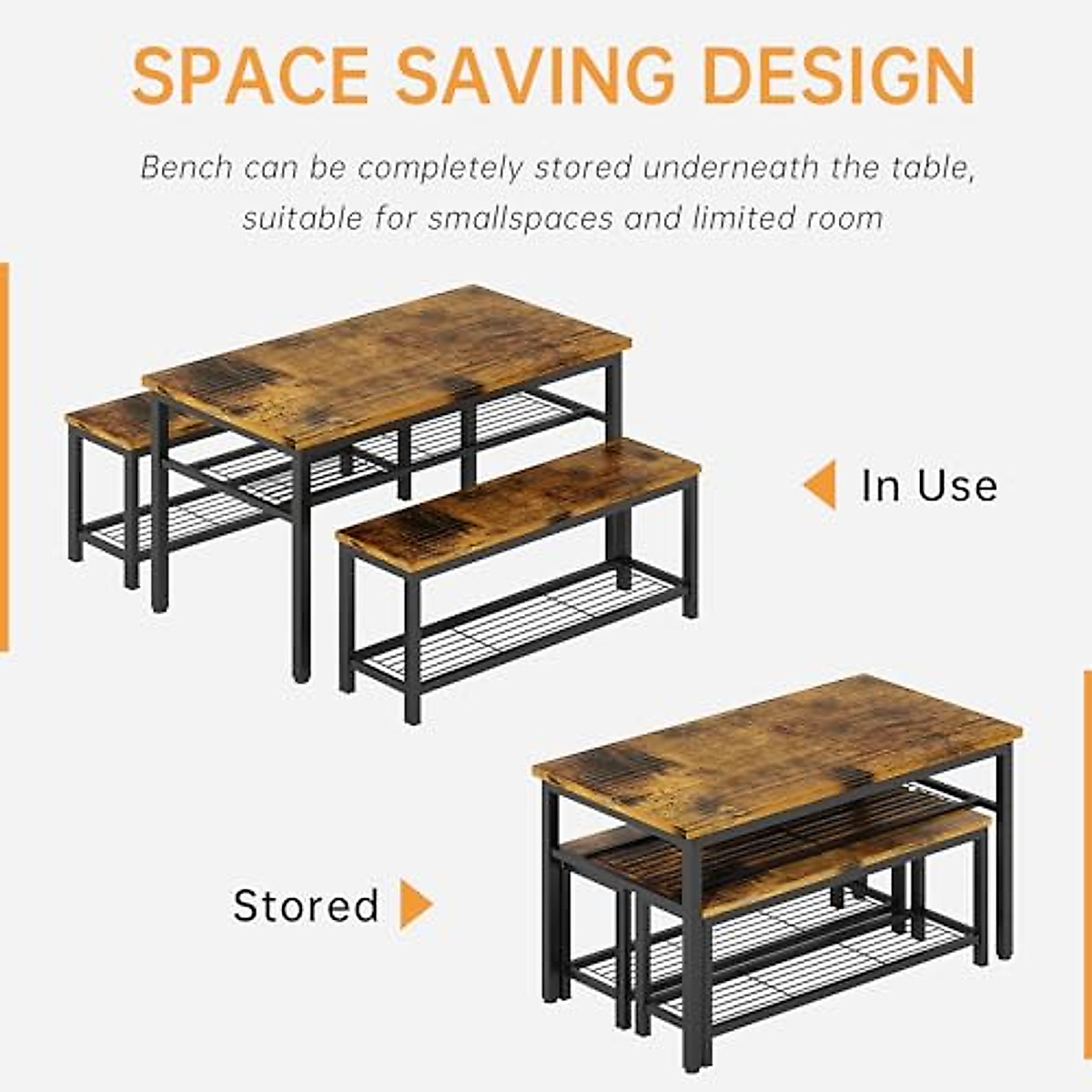 Lamerge 3-Piece Dining Table Set, Rustic Dining Table with Storage, Kitchen Table and Chairs Set for 4, Dining Table Set with 2 Benches, Industrial Dining Table Set for Dining Room, Kitchen