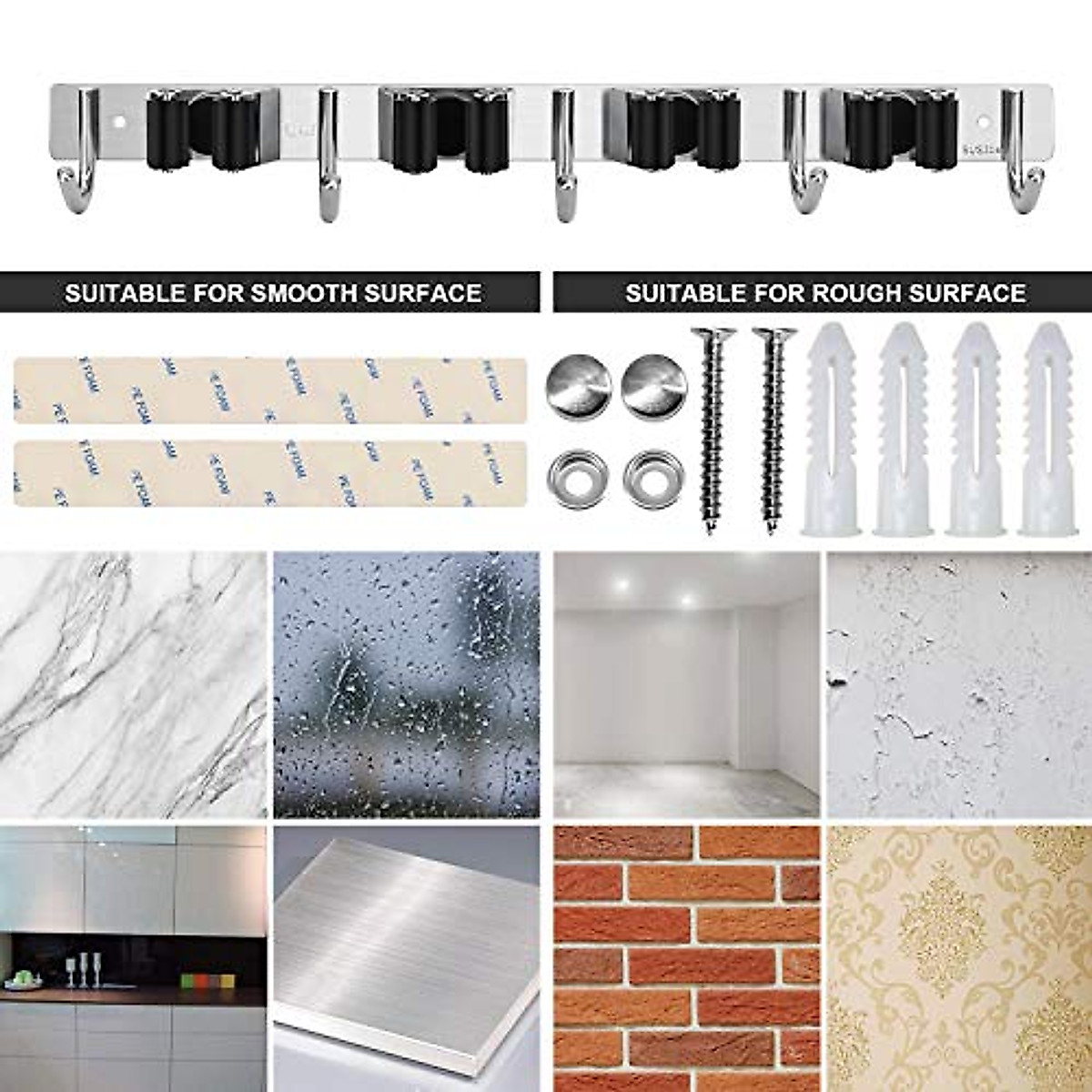 Favbal Garage Storage Stainless Steel Mop Broom Holder Wall Mount Heavy Duty Tools Hanger with 4 Racks 5 Hooks for Kitchen Bathroom Closet Garage Office Garden