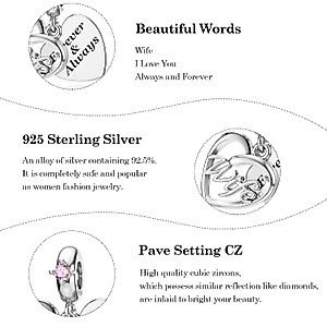 JIAYIQI Present for Wife, Wife Charm for Pandora Charms Bracelet 925 Sterling Silver Forever Always Love Charms with Cubic Zircon for Women Birthday Christmas Valentine's Day Present