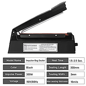 8inch Impulse Heat Sealer,Manual Poly Bag Heat Sealer Sealing Machine Heat Seal Closer for Plastic Bags PE PP Bags (Black)