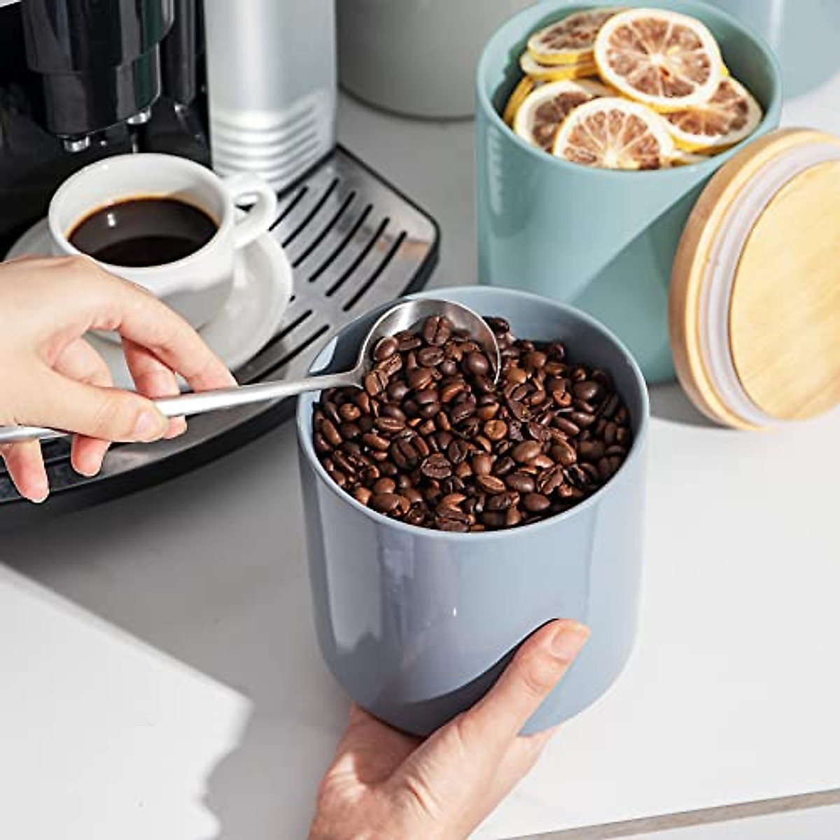 SWEEJAR Kitchen Canisters Ceramic Food Storage Jar Set, Stackable Containers with Airtight Seal Wooden Lid for Serving Ground Coffee, Tea, Herbs, Grains, Sugar, Salt and More - Set of 4 (Gray)