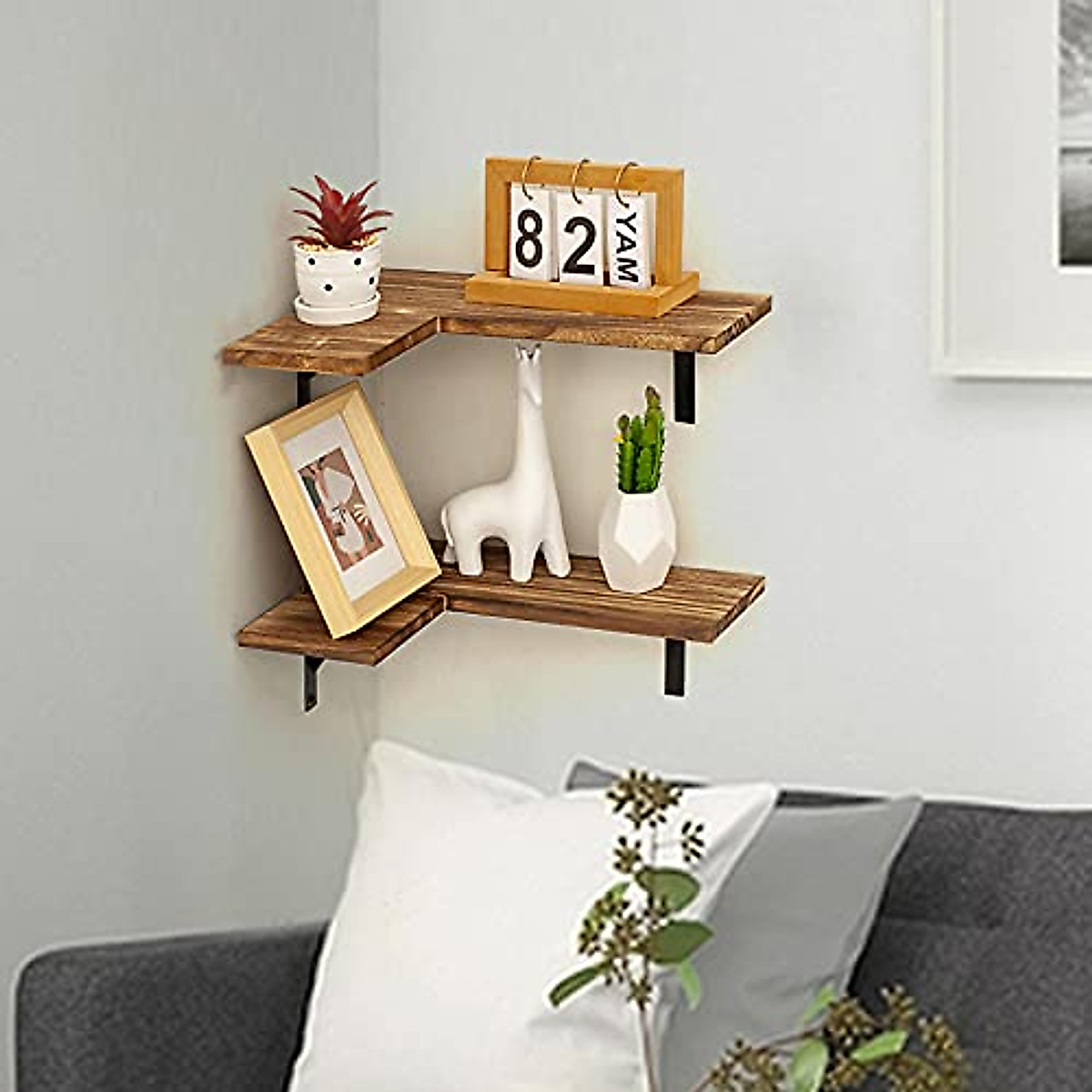Coral Flower Wall Shelves Rustic Wood Corner Floating Shelves for Bedroom Living Room Bathroom Kitchen Set of 2