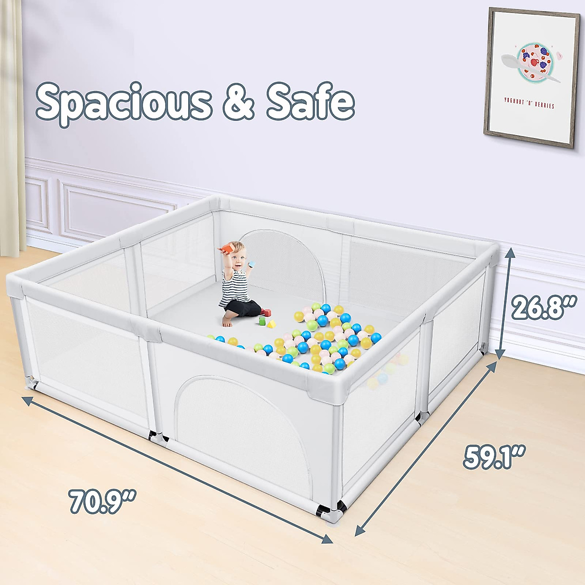 Baby Playpen, ALVOD 71x59'' Playpen for Toddler, Playpen for Babies with Gate, Baby Playard with Anti-Slip Sucker and Tear-Resistant Mesh, Indoor Outdoor Kids Activity Center, Sturdy Safety Baby Fence