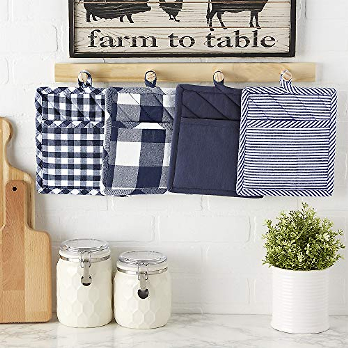 DII Gingham Check Kitchen Collection, Navy, Potholder Set