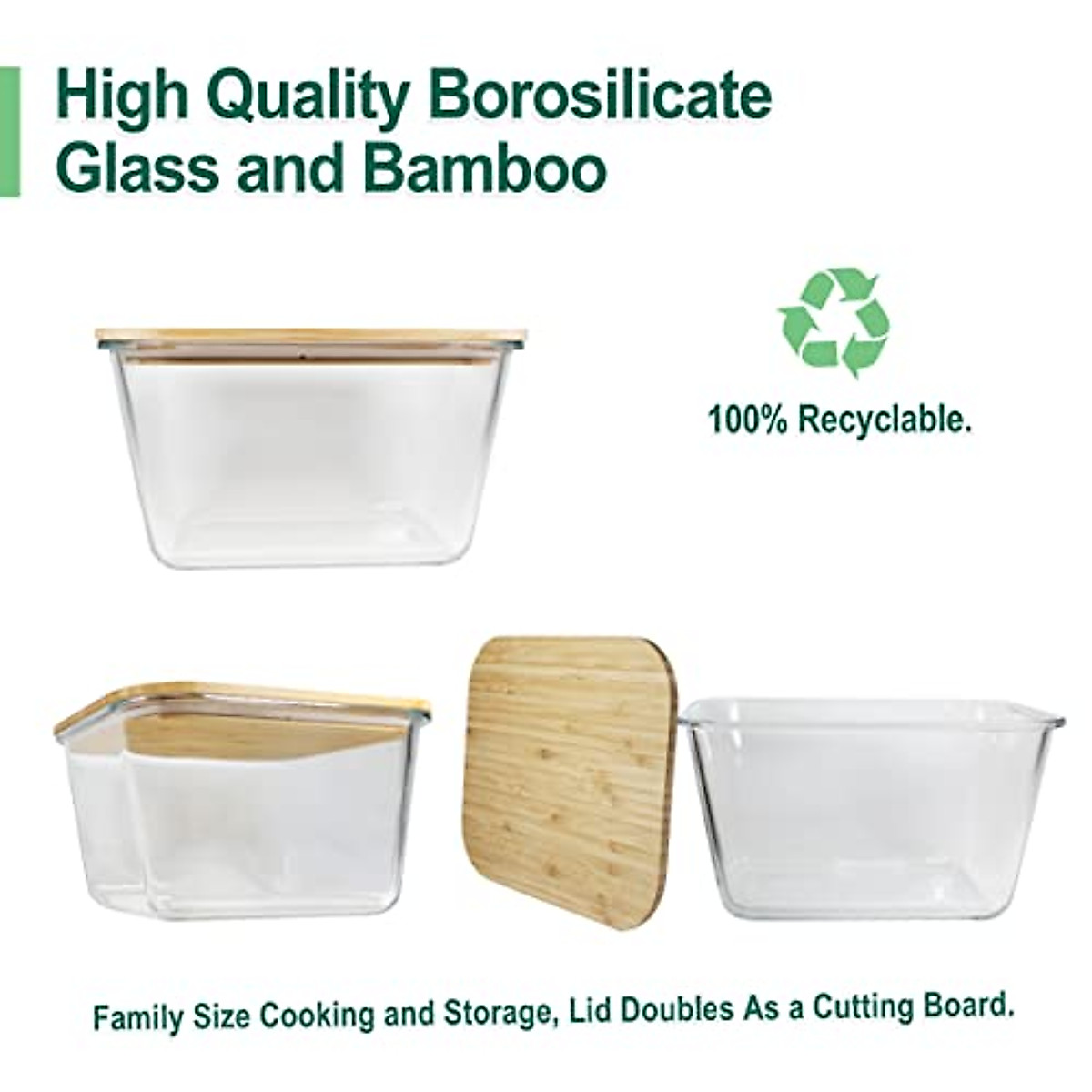 Urban Green Glass Container with Wood Lid, Glass food storage Container with Lids, Glass Meal Prep Containers Set, Glass Containers set (Natural-Bamboo-1p)