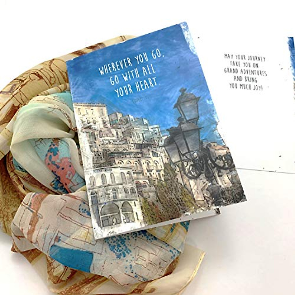 Smiling Wisdom - Retirement Journey Goodbye Greeting Card - Wherever You Go, Go with All Your Heart Gift Set - Chiffon Viscose Scarf - Woman Coworker Grad - Tan Blue Multi-colored (City)