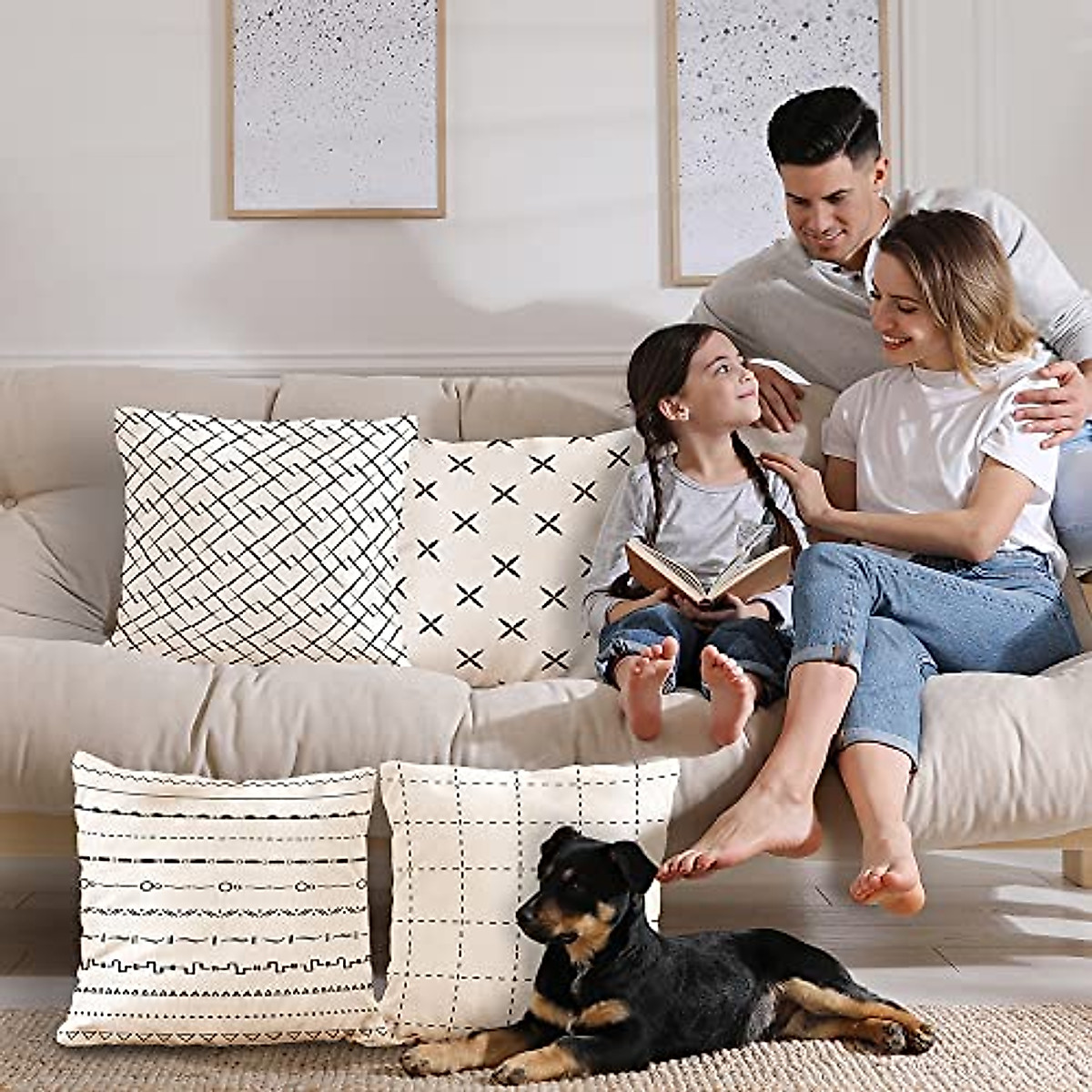 Outdoor Throw Pillow Covers 18x18 Waterproof Farmhouse Boho Spring Summer White Beige Black Patio Decorative Linen Square Modern Floral Line Geometry Stripe Courtyard Garden Sofa Chair Couch set of 4