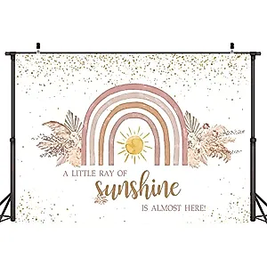 Ticuenicoa 7×5ft Boho Rainbow Baby Shower Backdrop A Little Ray of Sunshine is Almost Here Baby Shower Party Banner Wall Decorations Boho Pampas Glitter Dots Girls Baby Shower Background