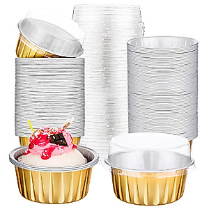 200 Pack Aluminum Foil Cupcake Baking Cups 5oz Cupcake Liners Dessert Cups with Lids Disposable Cupcake Cups Mini Cake Containers Flan Molds Tin Mini Muffin Liners for Wedding Birthday (Gold)