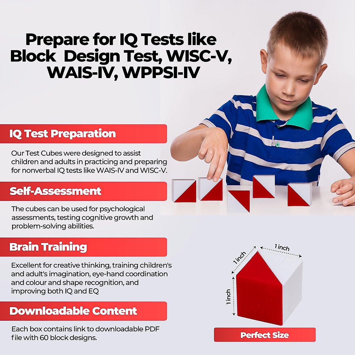 PrfcNL IQ Test Cubes (Natural Edition) – 9 Kohs Cubes, Practice for Block Design Test, BDT, WPPSI, WAIS and WISC Tests, Montessori Educational Blocks to Improve Concentration, Coordination and Memory
