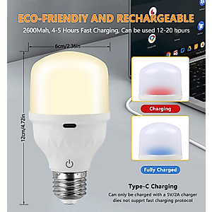 USB C Rechargeable Light Bulbs with Remote, 5W LED Dimmable Battery Powered Light Bulb, Touch Control E26 Portable Emergency Light Bulbs with Timer, for Home Power Outages, Non Hardwired, 2 Pack
