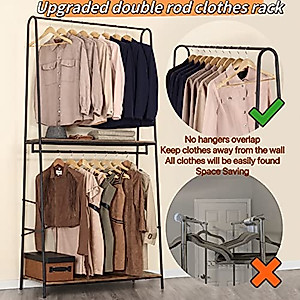 Finnhomy Rustic Clothes Rack for Hanging Clothes Heavy Duty Clothing Garment Racks with 2-Tier wood Shelves, Metal Freestanding Closet Storage Rack Double Hanging Rails for Bedroom/Boutique