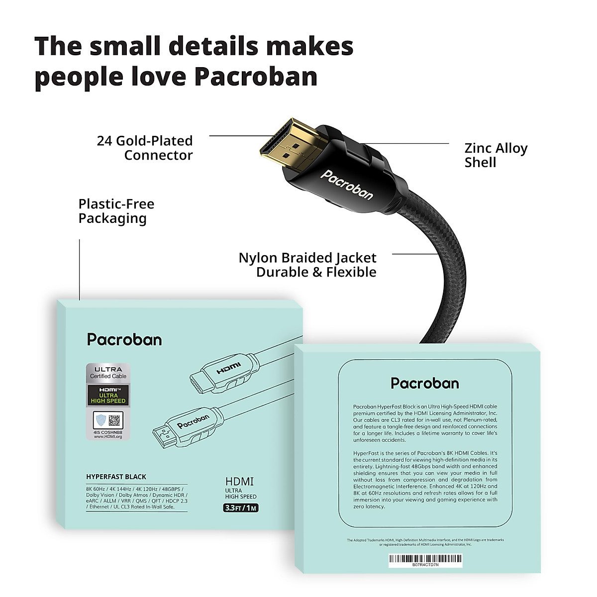 8K HDMI ARC/eARC Cable for Soundbar 6.6FT/2M [Certified] HDMI 2.1 Cable 48Gbps Ultra High Speed Cable in-Wall Safe, 4K 120Hz, Supports Dynamic HDR, HDCP, Dolby Atmos for Vizio Samsung Bose Sound Bars