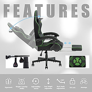 Dowinx Gaming Chair Fabric with Pocket Spring Cushion, Massage Game Chair Cloth with Headrest, Ergonomic Computer Chair with Footrest 290LBS, Blue and Grey