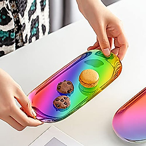 2 Pcs Metal Serving Trays, Rainbow Decorative Tray Jewelry Tray Dish Plate Tea Fruit Trays Cosmetic Organizer Storage Display Tray for Perfume Candle, Kitchen Bathroom Vanity Counter (Mix 3)