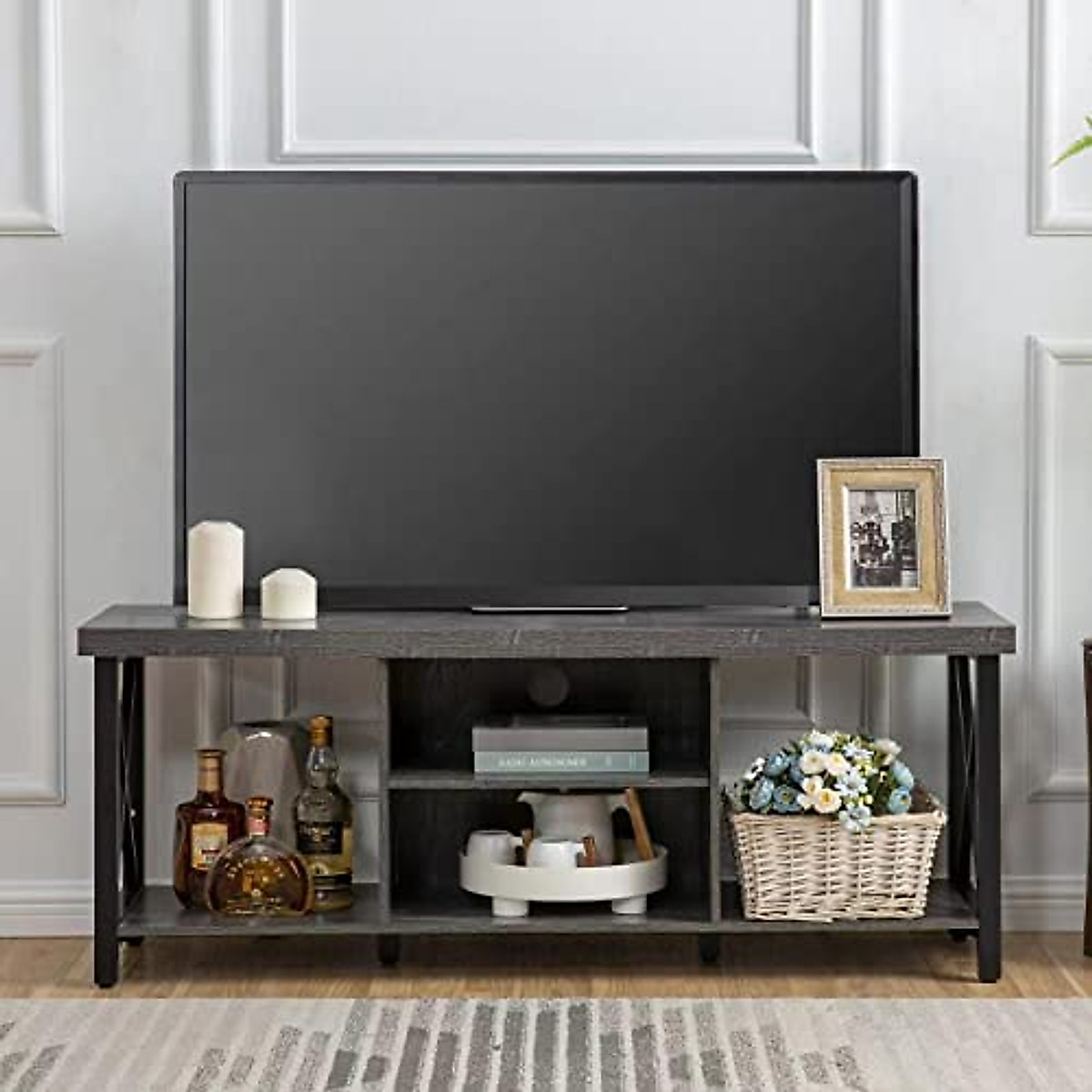 GAZHOME TV Stand for TV up to 55 Inches, TV Cabinet with Open Storage, TV Console Unit with Shelving for Living Room, Entertainment Room, Industrial, Grey