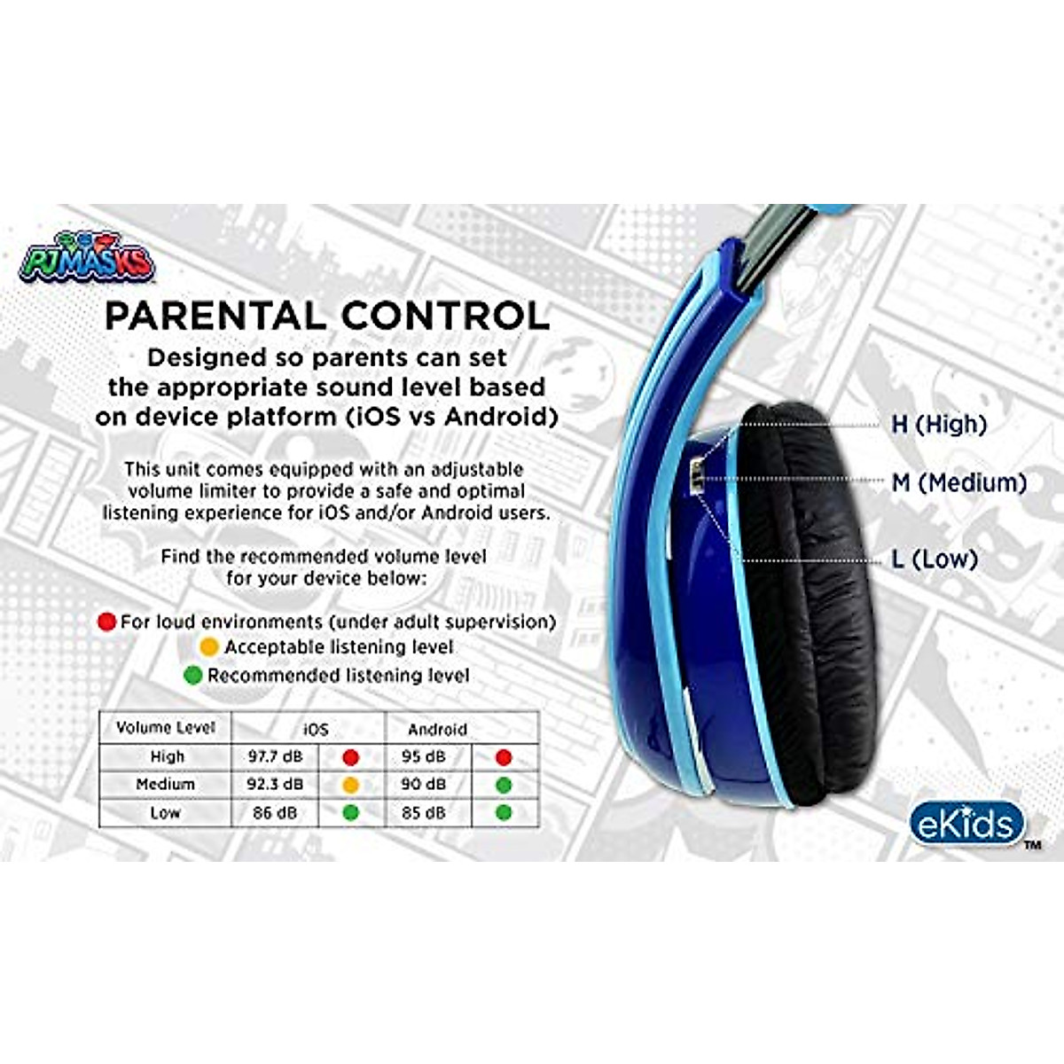 PJ Masks Catboy Kids Headphones, Adjustable Headband, Stereo Sound, 3.5Mm Jack, Wired Headphones for Kids, Tangle-Free, Volume Control, Childrens Headphones Over Ear for School Home, Travel