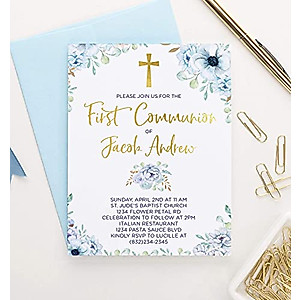 Elegant First Communion Invitations for Boys, Blue Florals First Holy Communion Invites, Your choice of Quantity and Envelope Color
