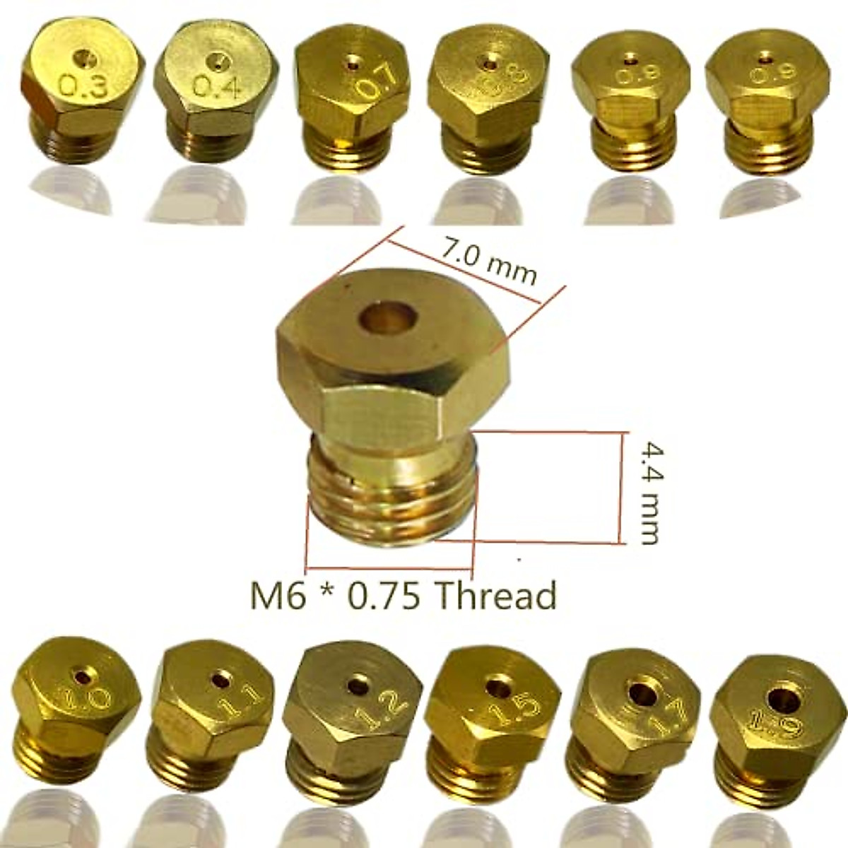 MCAMPAS Range Stove Oven Orifice Conversion Kit Propane Lp Natural Gas Brass Jet Burner Nozzle Replacement Parts M6x0.75 mm Gas Spray Tip 0.3/0.4/0/7/0.8/0.9/1.0/1.1/1.2/1.5/1.7/1.9mm Total 36PCS
