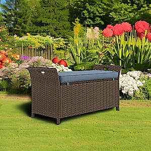 Canditree Outdoor Rattan Wicker Storage Bench with Cushion, Patio Storage Deck Box for Outdoor Furniture Cushions, Garden Tools (Dark Blue)