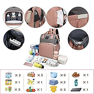 ANWTOTU Diaper Bag with Changing Station,Diaper Bag Backpack，7 in 1 Travel Baby Diaper Bag,Mommy Bag With USB Charging Port (Pink-Grey)