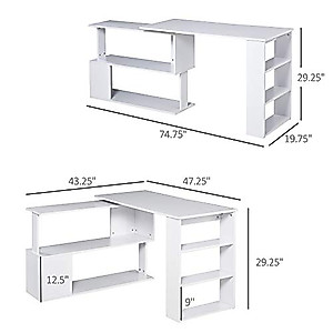 HOMCOM 360 Degree Rotating Home Office Desk L Shaped Corner Computer Desk with Storage Shelves, Writing Table Workstation, White