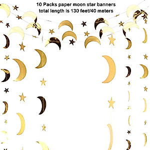 Glitter Star Moon Garland Banner Decoration, 130 Feet Gold Bright Star Moon Paper Garland Hanging Bunting Banner Backdrop for Graduation Class Congrats Grad Party Decoration