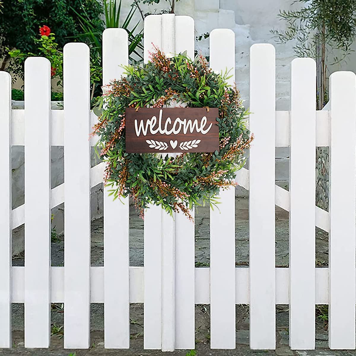 18in Artificial Green Wreath for Front Door with Welcome Sign Red Flower Fall Christmas Wreath Gypsophila Green Leaves Wreath for Window Home Porch Farmhouse Patio Garden Party Decor