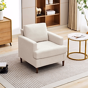 Weture Mid-Century Accent Chair,Modern Linen Fabric Armchair for Living Room,Comfy Upholstered Reading Accent Chairs for Bedroom,Single Sofa Chair with Wood Legs (Beige, 1 Pack)