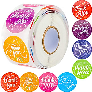 Qpout Thank You Stickers 1.5 inch, Colorful Thank You Stickers, 500 Pieces Thank You Stickers Small Business, Thank You Stickers for Packaging, Red Green Blue Orange Purple Thank You Sticker, 1 Roll